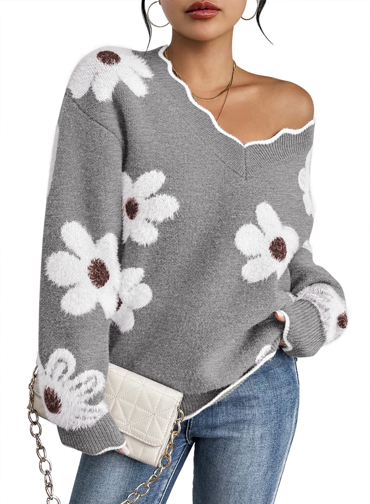 Pink Queen Women's Oversized V Neck Fuzzy Sweaters 2025 Casual Loose ...