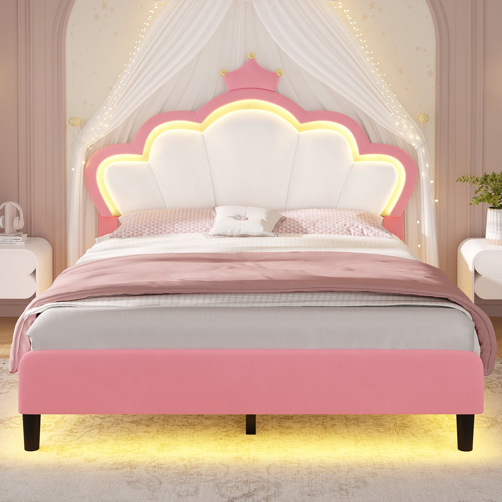 Pink Queen Bed Frame with LED Lights, Princess Bed with Adjustable ...