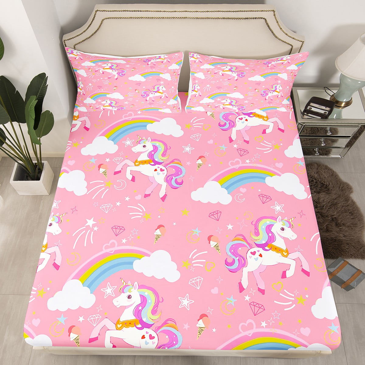 Pink Queen Bed Sheets Unicorn Fitted Sheet 3-Piece,Kawaii Rainbow ...