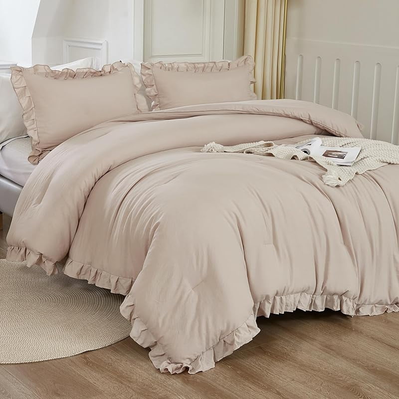 Pink Queen Comforter Set, 3 Pieces Ruffle Farmhouse Aesthetic Bedding ...