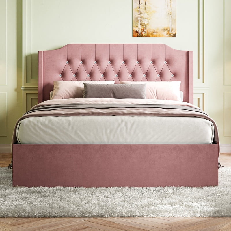 Pink Queen Size Tufted Upholstered Bed Frame with Crystal Buttons ...
