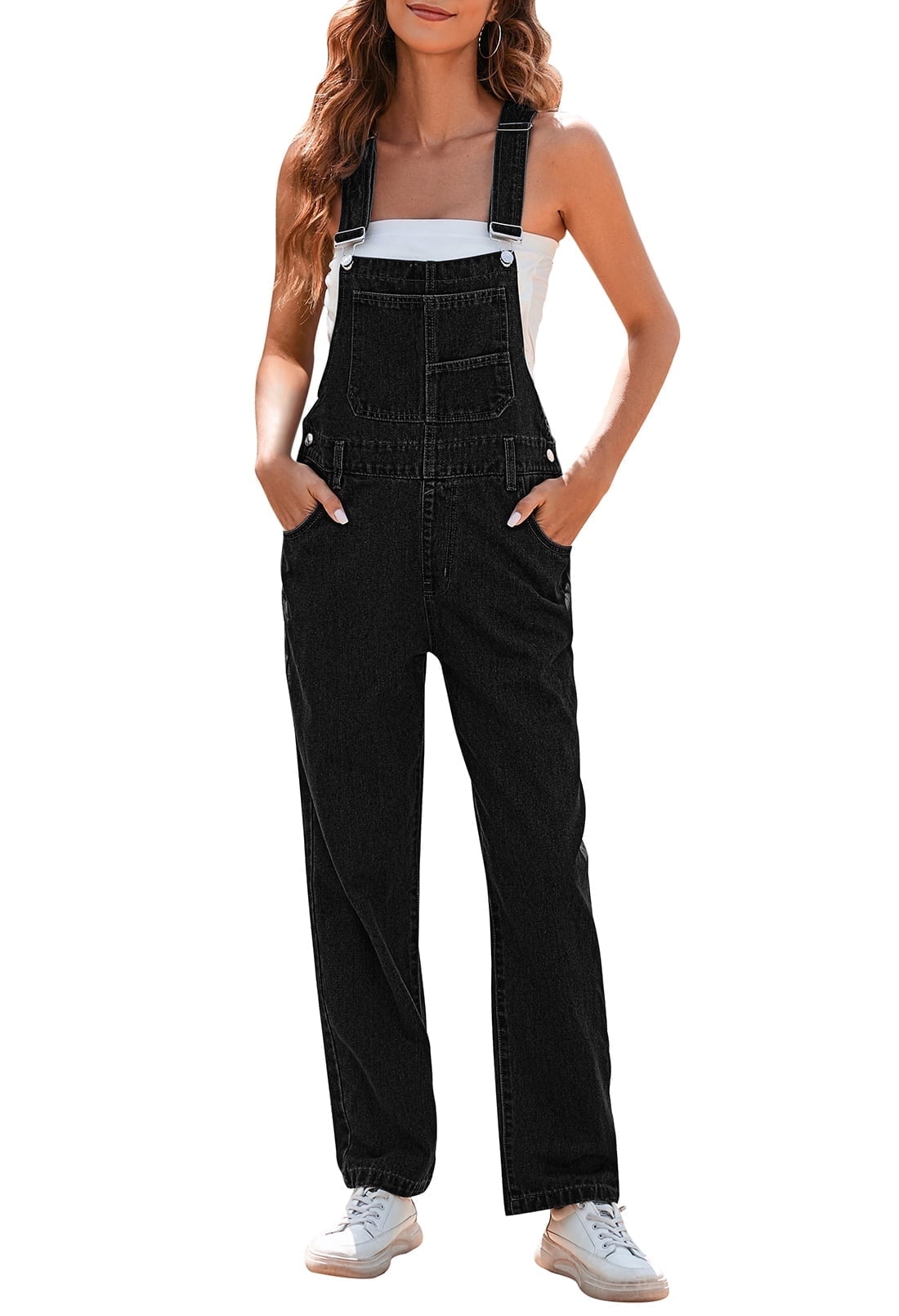 Pink Queen Women Loose Stretch Denim Bib Overalls, Black, Adjustable ...