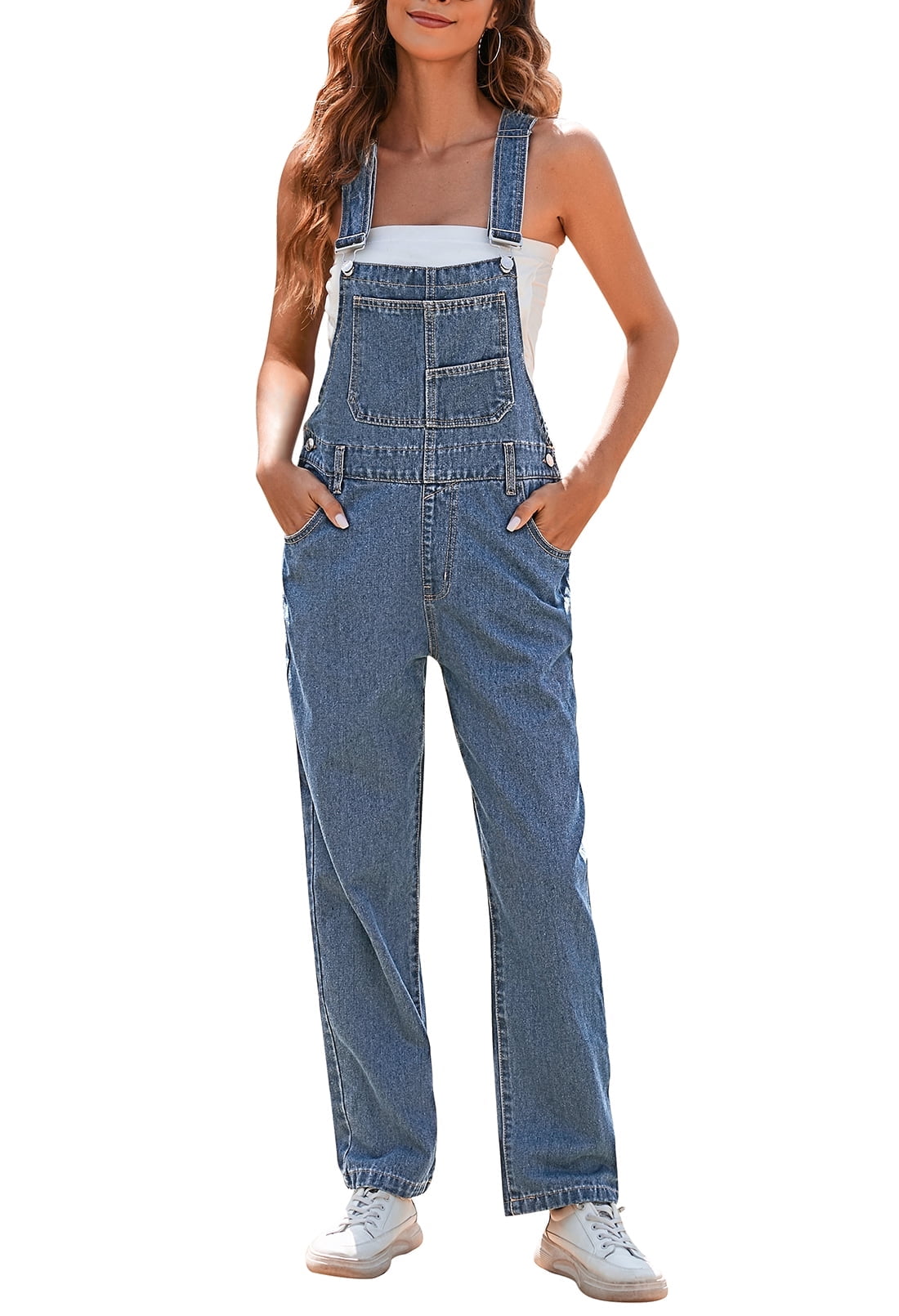 Pink Queen Women Long Denim Overalls, Stretchy Bib Pants, Tapered Leg ...