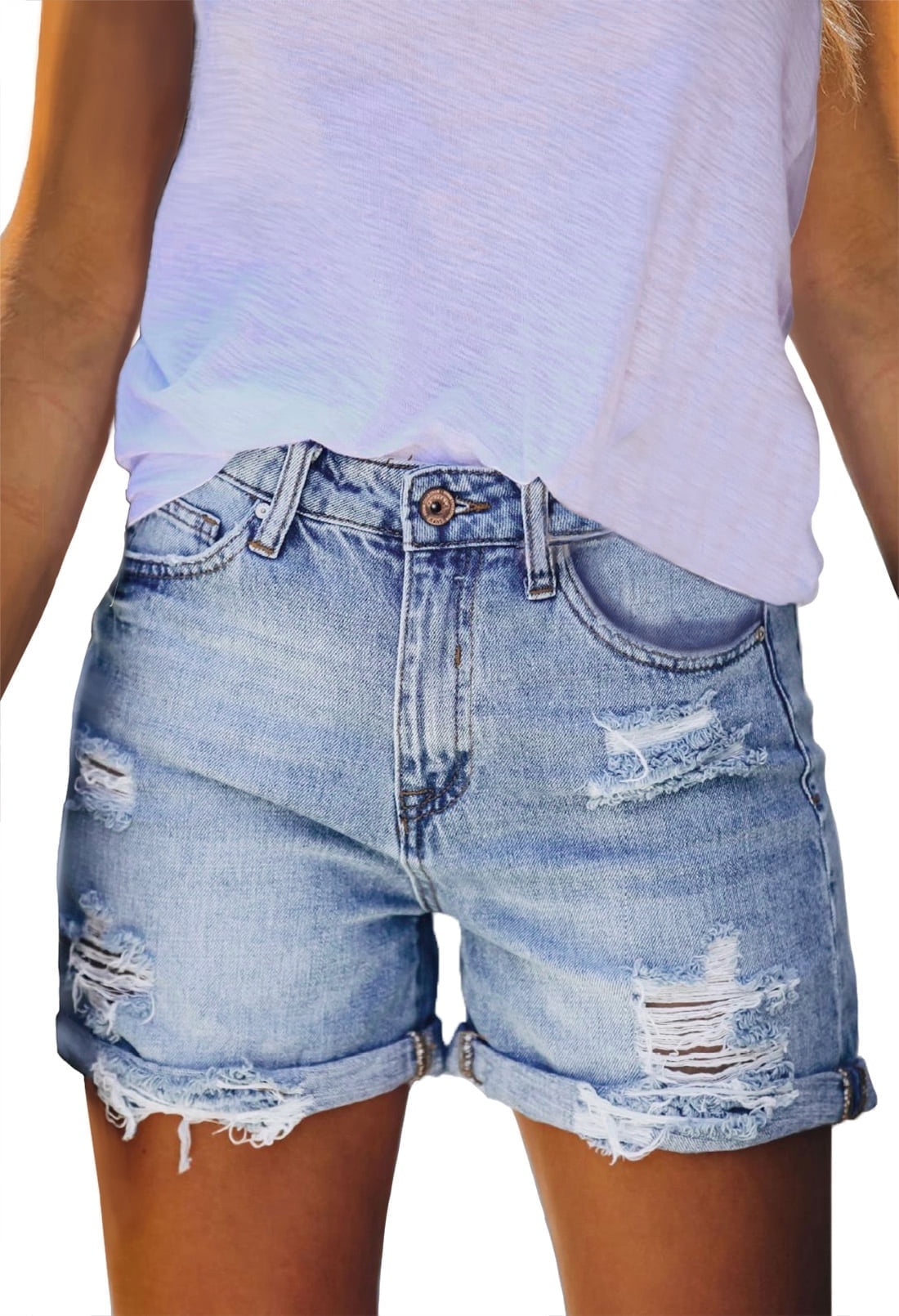 Pink Queen Women's Summer Denim Shorts, Mid Rise, Ripped, Frayed Hem ...