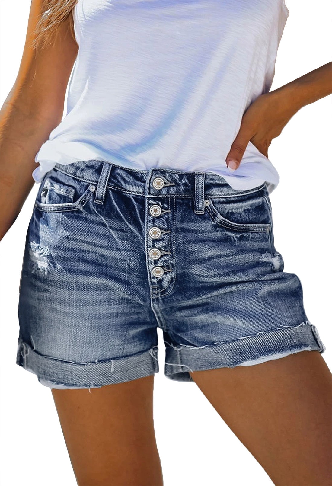Pink Queen Women Summer Denim Shorts Mid Rise Ripped Faryed Hem ...