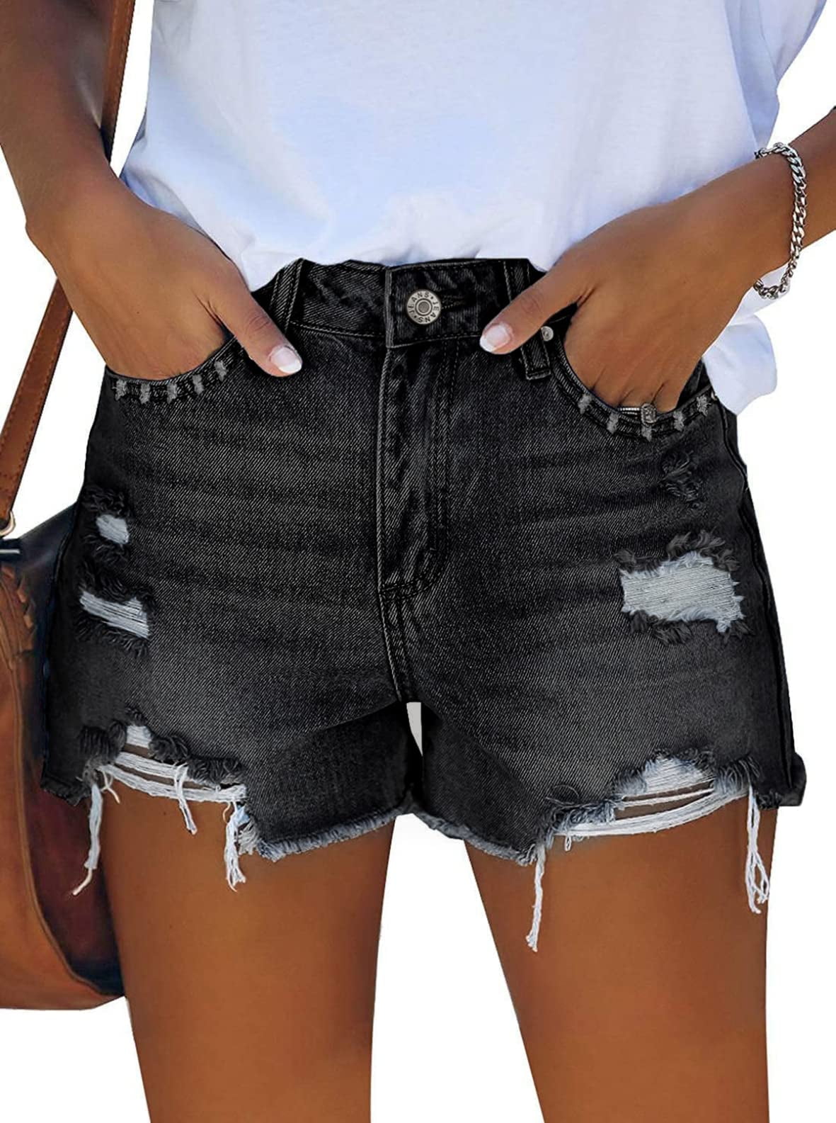Pink Queen Women's Stretchy Ripped Denim Shorts with Frayed Hem, Mid ...