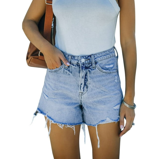 Pink Queen Women Summer Denim Shorts Mid Rise Ripped Faryed Hem ...