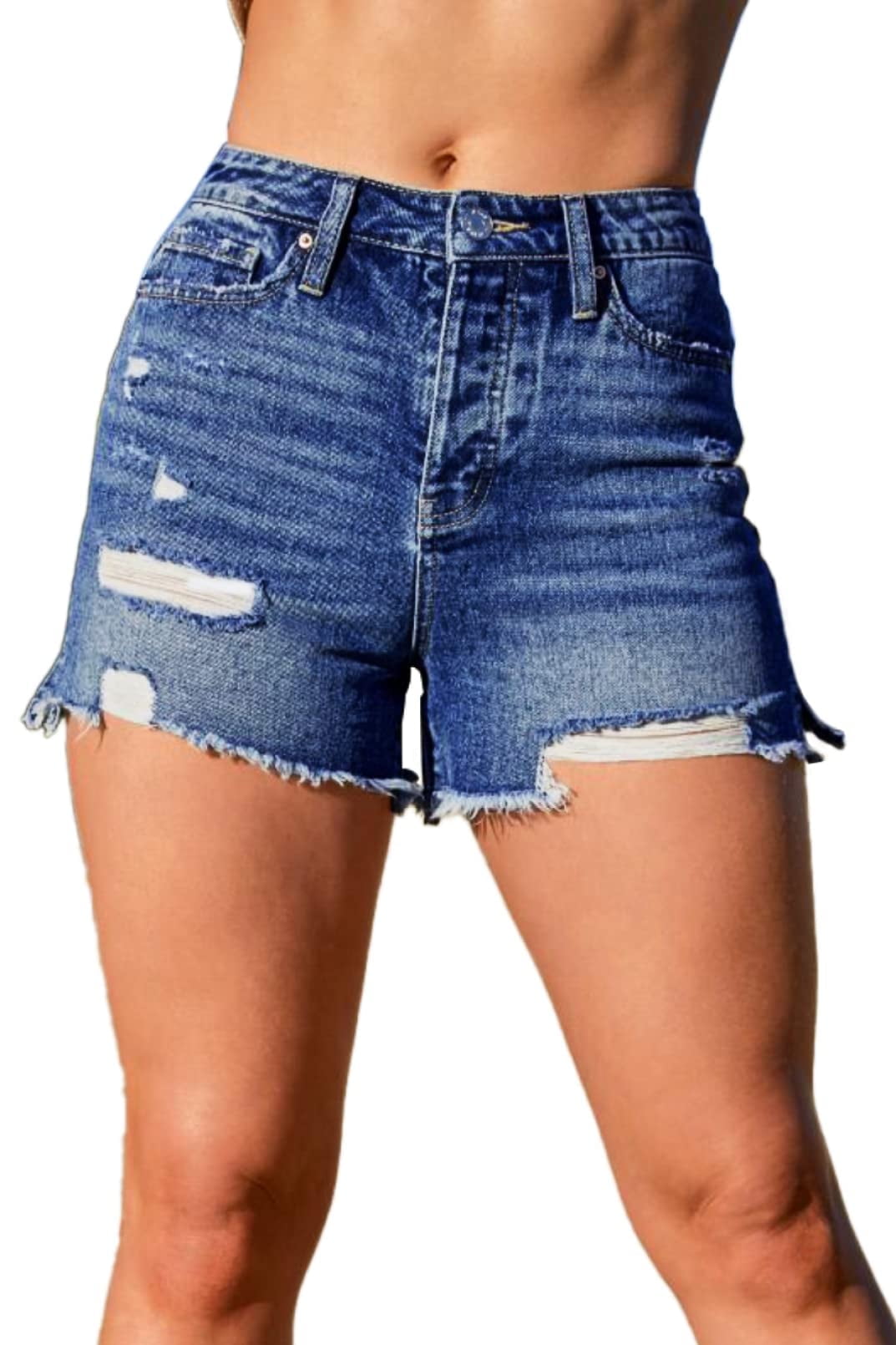 Pink Queen Women Summer Denim Shorts Mid Rise Ripped Faryed Hem ...