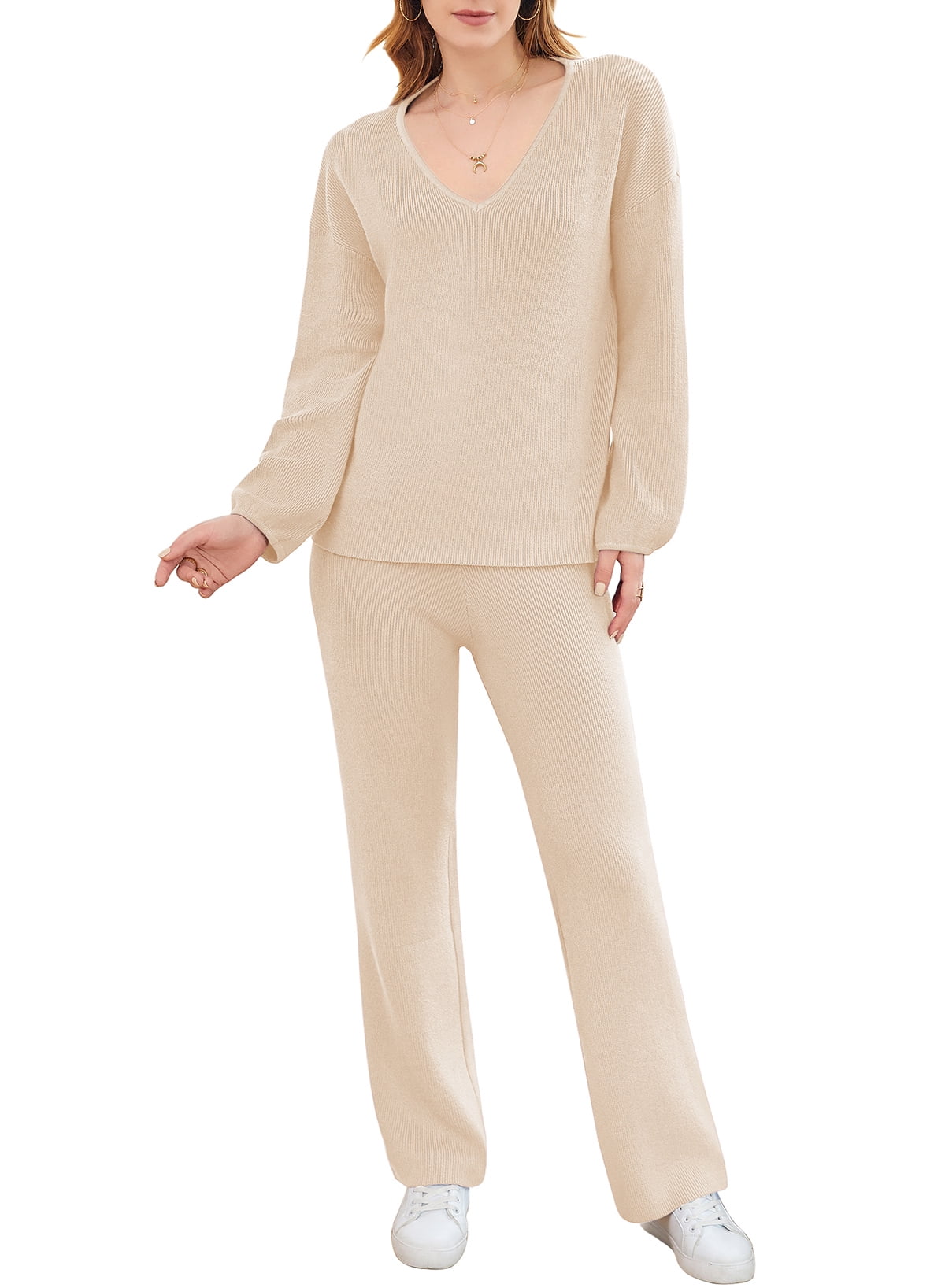 Pink Queen Women's 2 Piece Outfits Casual V Neck Knit Wide Leg Sweater ...