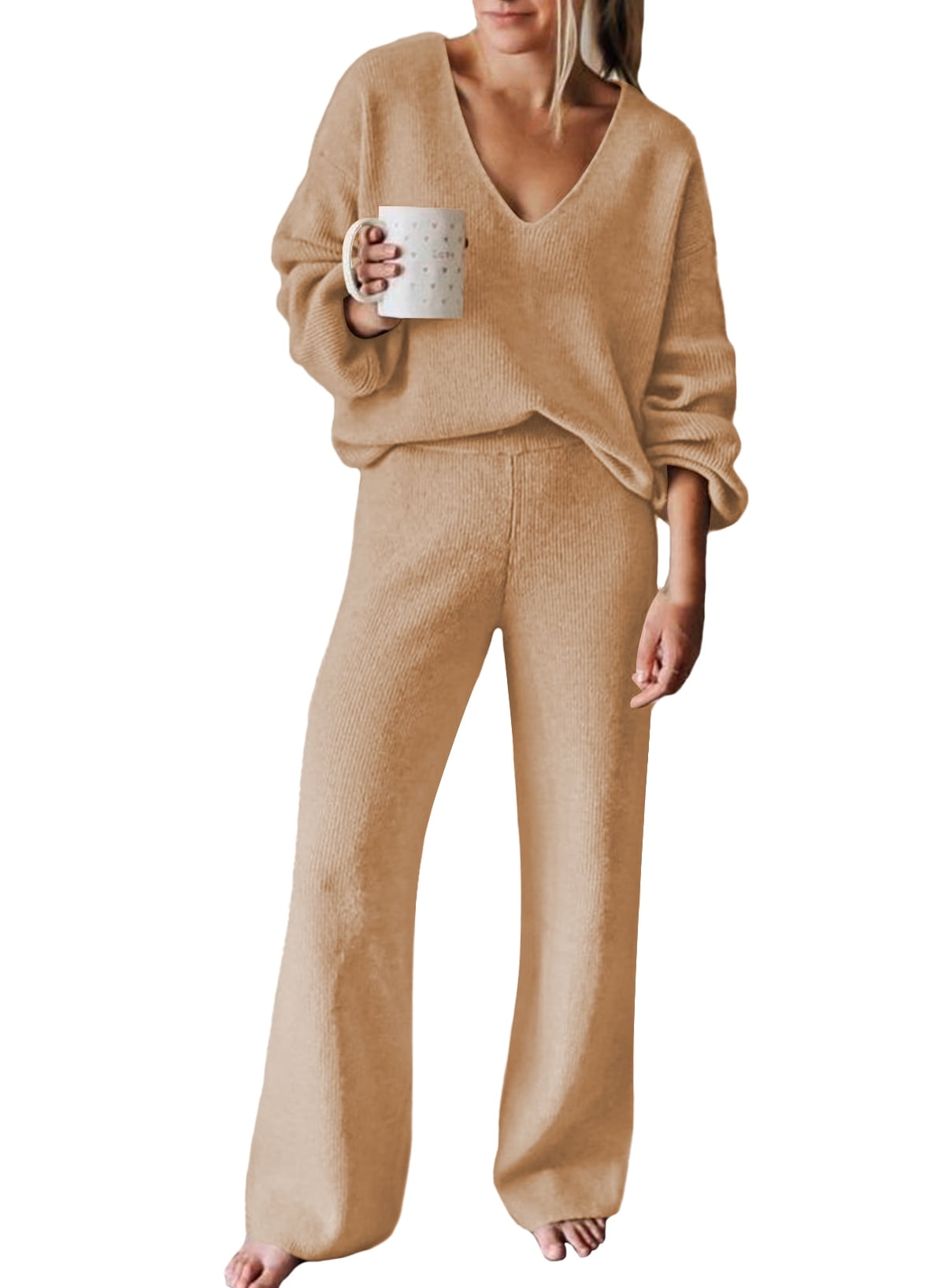 Pink Queen Women's 2 Piece Outfits Casual V Neck Knit Wide Leg Sweater ...