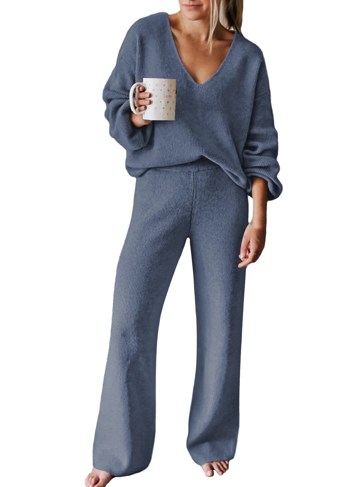 Pink Queen Women's 2 Piece Outfits Casual V Neck Knit Wide Leg Sweater ...