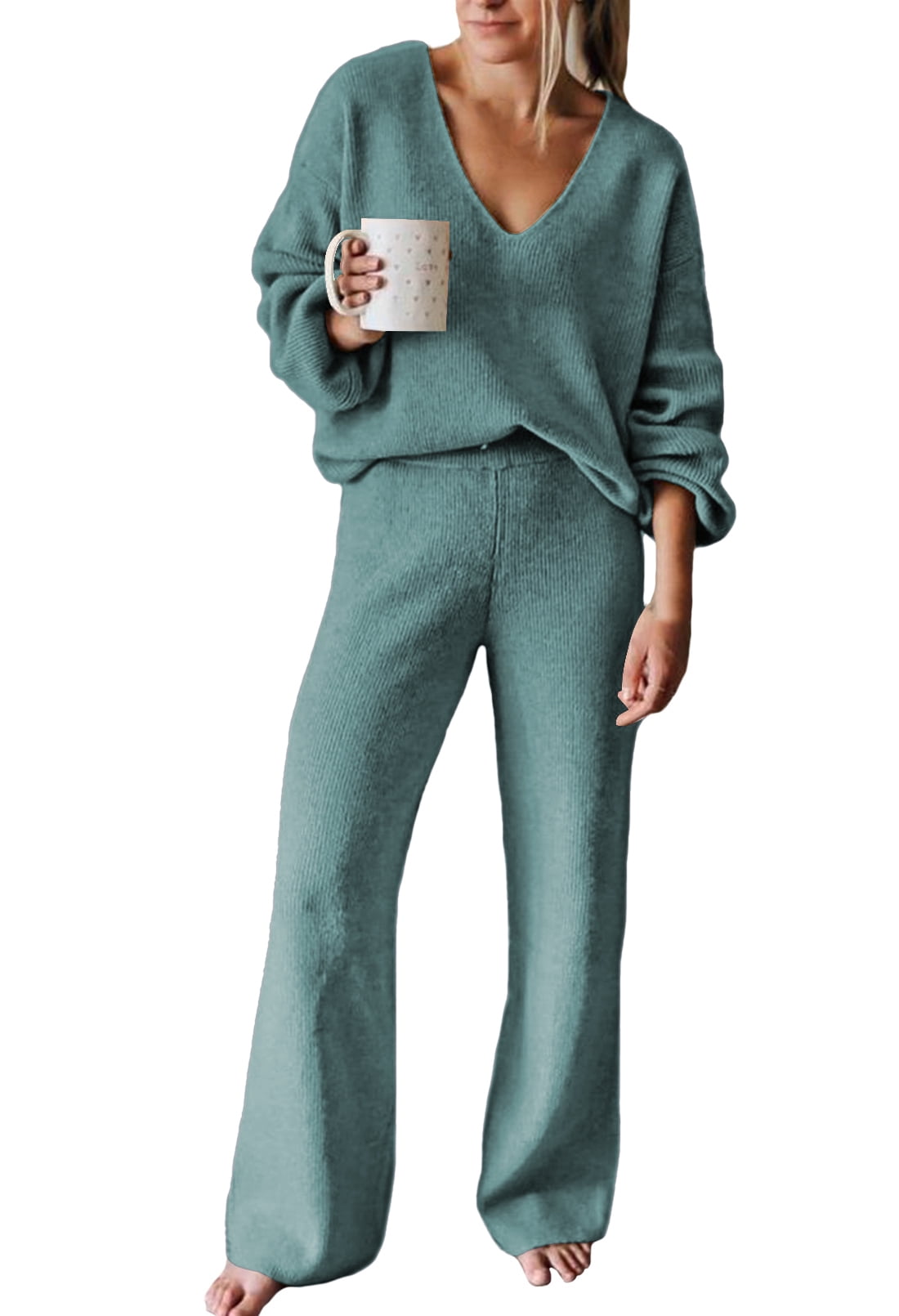 Pink Queen Women's 2 Piece Outfits Casual V Neck Knit Wide Leg Sweater ...