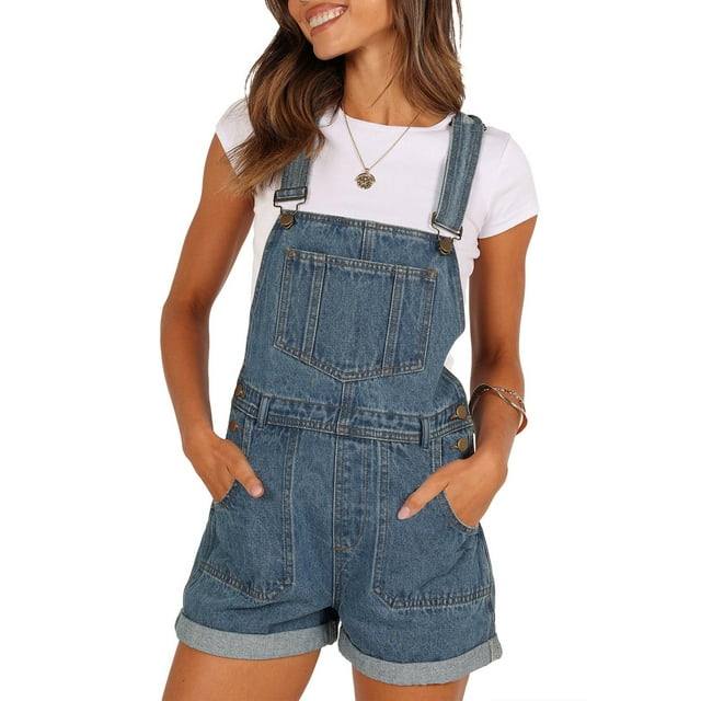 Pink Queen Women's Denim Classic Adjustable Straps Cuffed Hem Bib ...