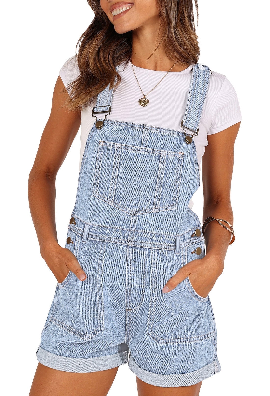 Pink Queen Women's Denim Classic Adjustable Straps Cuffed Hem Bib ...