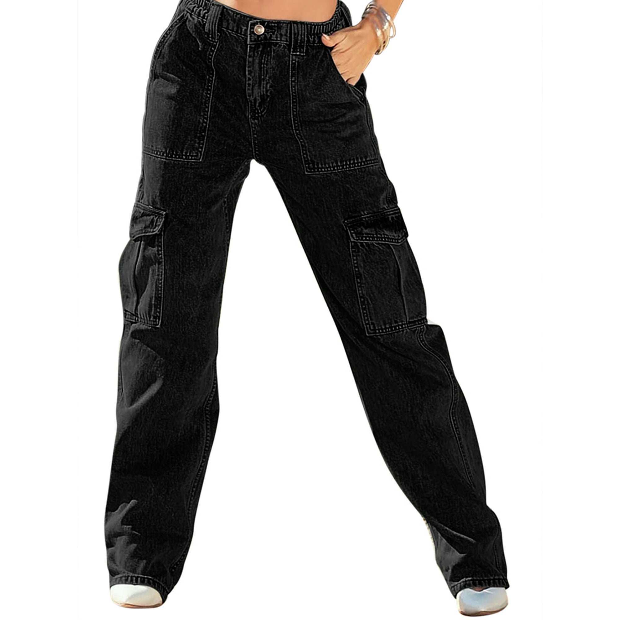 Pink Queen Women's High Waist Cargo Trousers, Wide Leg Denim Pants with ...