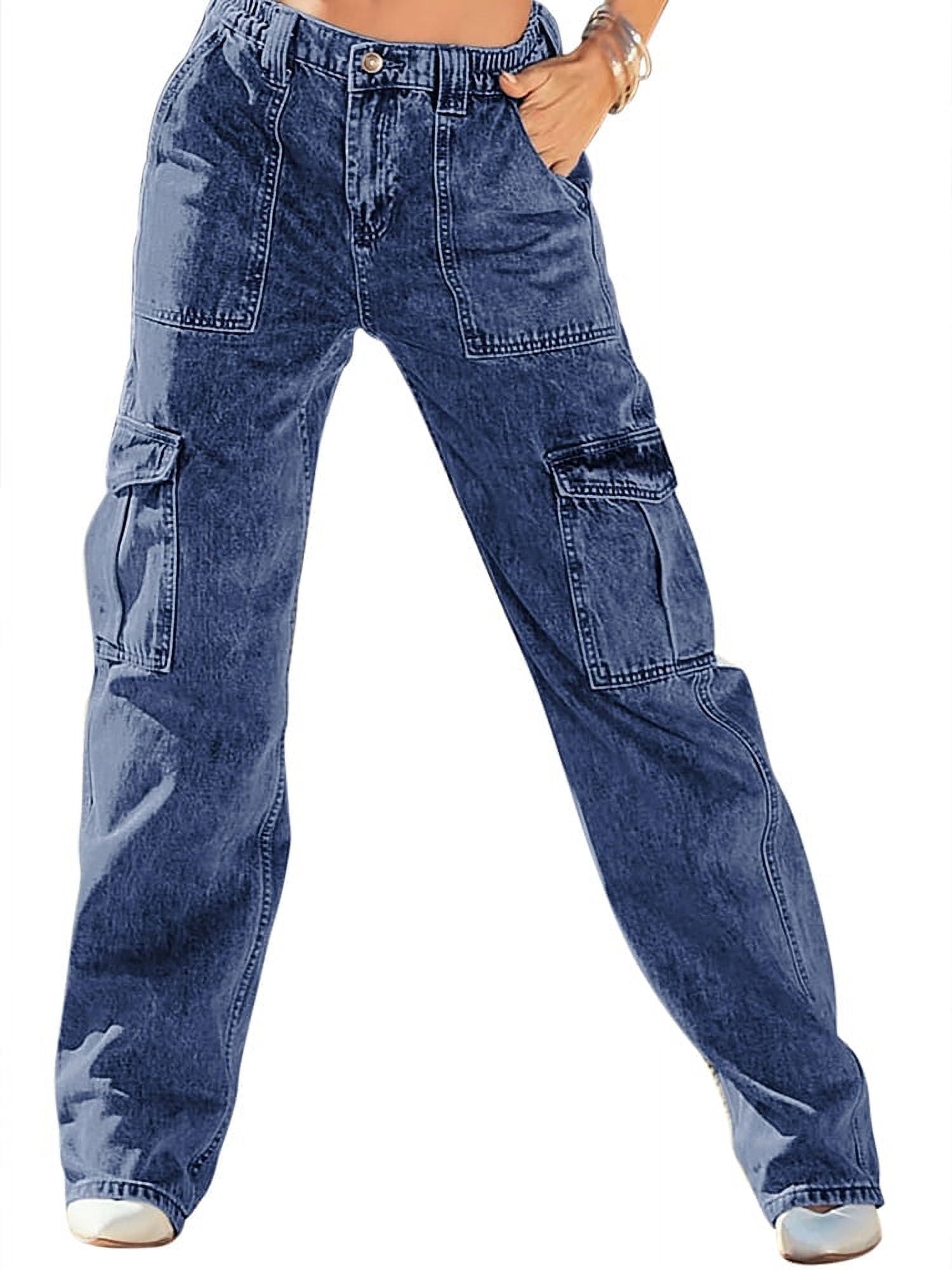 Pink Queen Women's High Waist Cargo Jeans Flap Pocket Wide Leg Denim ...