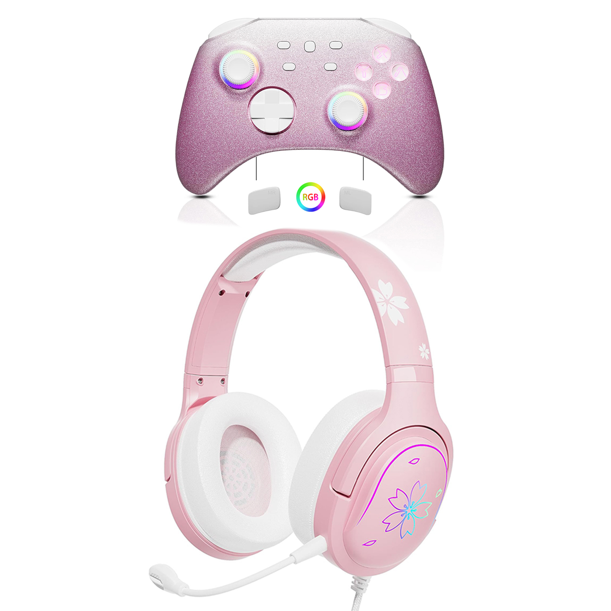 Pink RGB Gaming Headset with Mic and Upgraded Game Controller for ...
