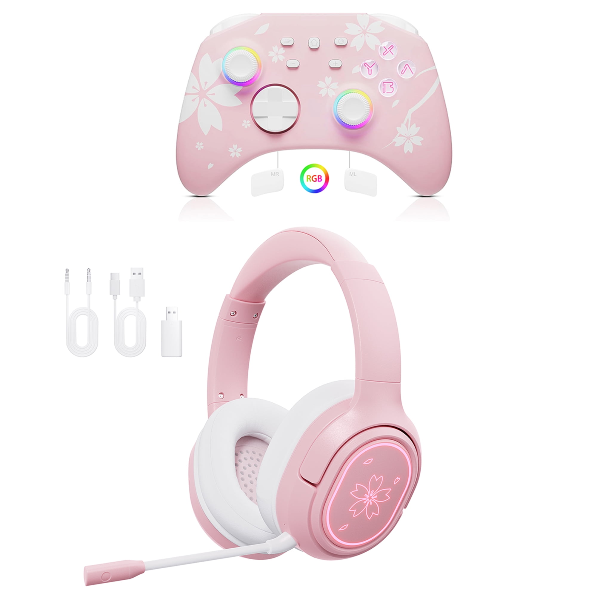 Pink RGB Wireless Gaming Headset with Mic and Upgraded Wireless Game ...
