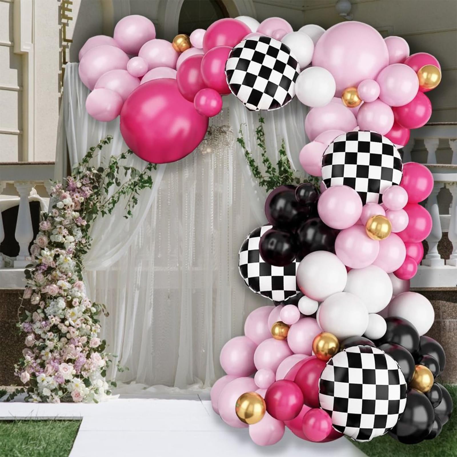 Pink Race Car Balloon Arch Kit,Hot Pink White Black Balloons Garland ...