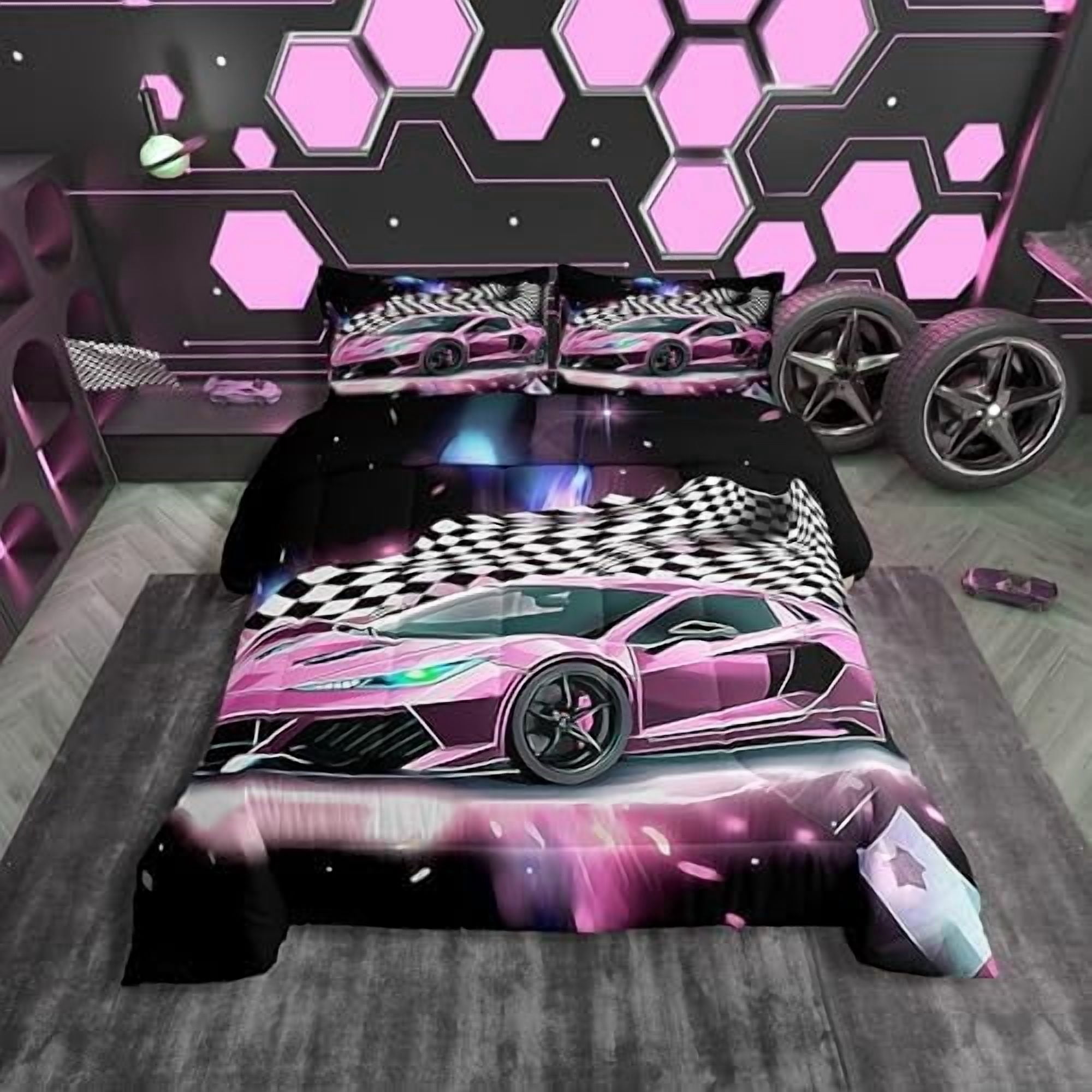 Pink Race Car Bedding Set King Size,Racing Flag Black White Lattice ...