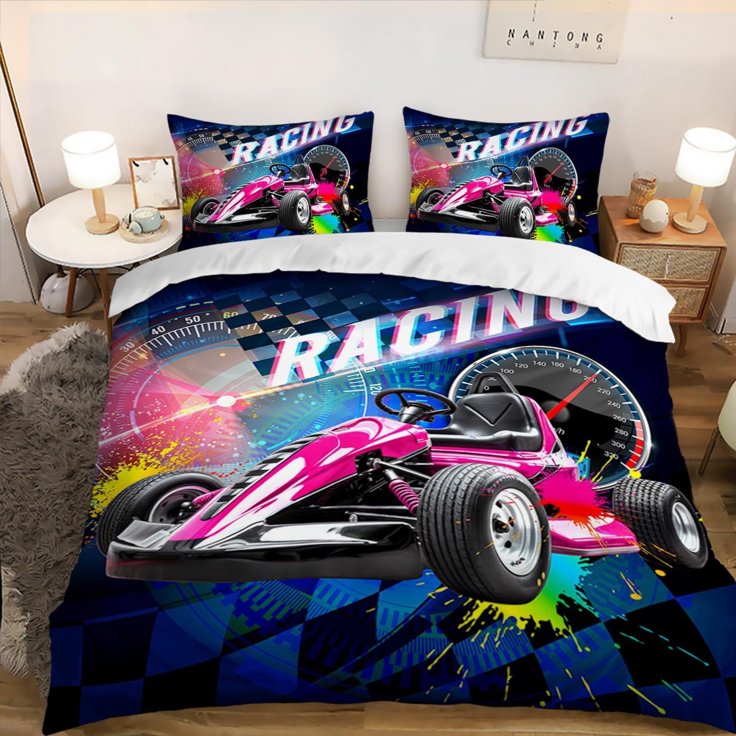 Pink Racing Car Duvet Cover Set, Cool Sports Car Bedding Set for Kids ...