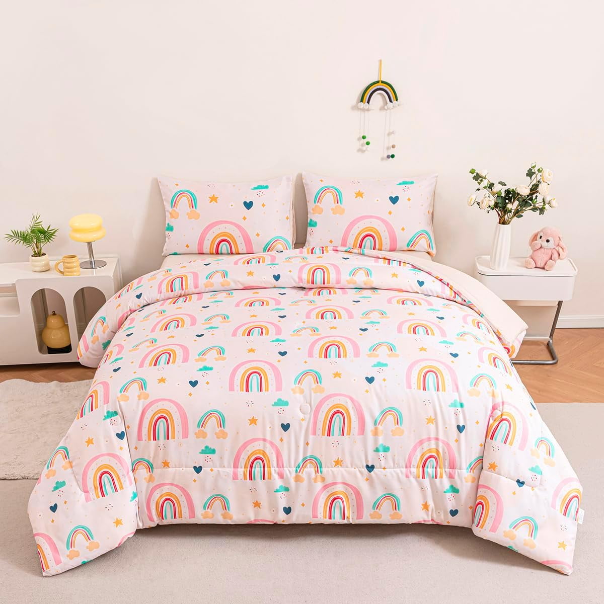 Pink Rainbow Comforter Set for Girls Twin Bedding Set Colorful 3 Pieces ...