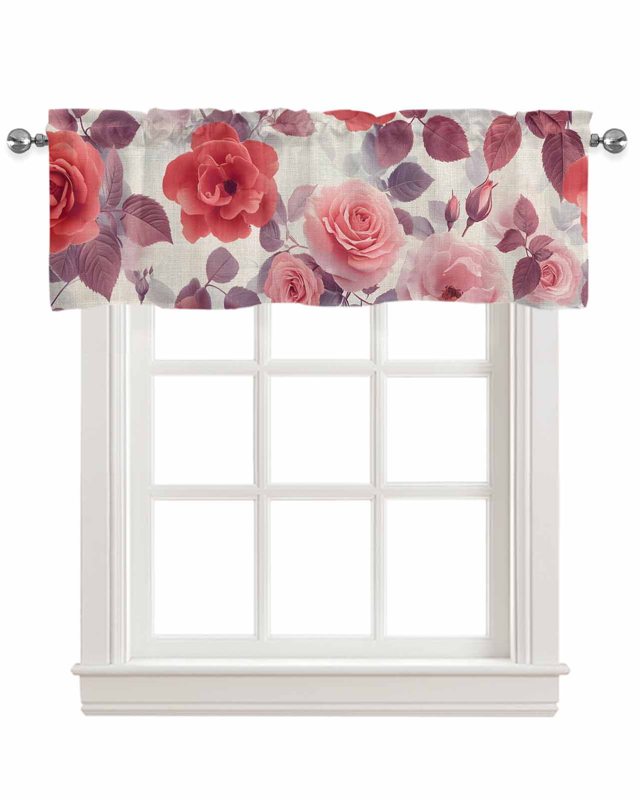 Pink Red Roses Kitchen Valances for Windows Farmhouse Linen Window ...