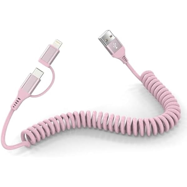 Pink Retractable Car Charger Coiled Lightning Cable - 2 in 1 Lightning ...