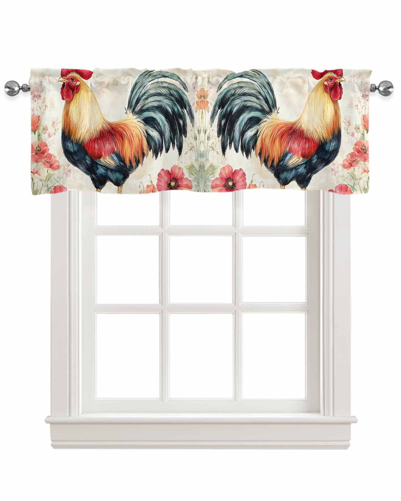 Pink Retro Rooster Kitchen Valances for Windows Farmhouse Linen Window ...