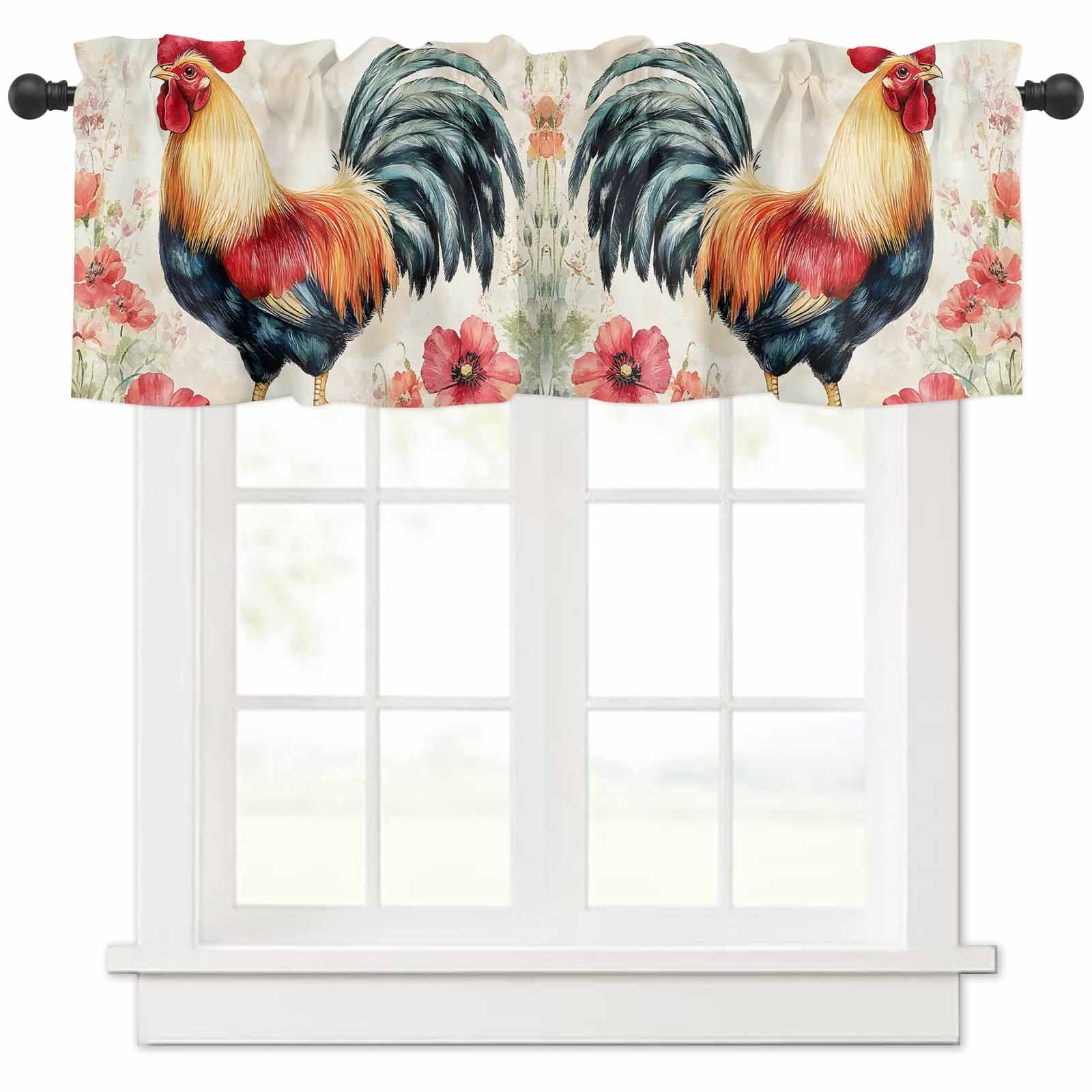 Pink Retro Rooster Valances for Windows Farmhouse Kitchen Curtains ...