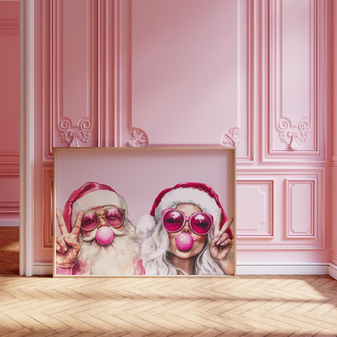 Pink Retro Winter Print, Mrs And Mr Santa Bubble Gum Prints Home Decor ...