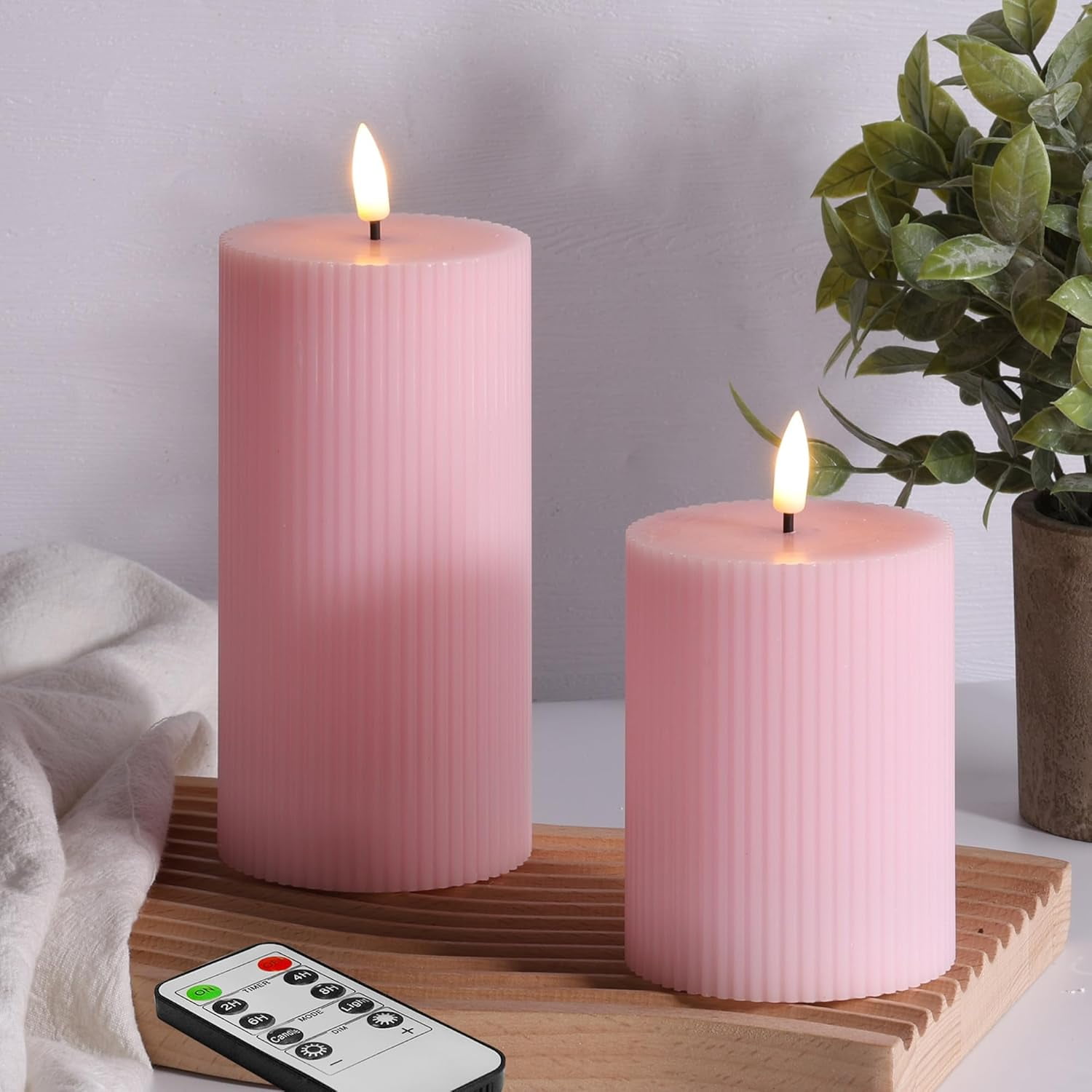 Pink Ribbed Flameless Pillar Candles with Remote, 2 Pack Flickering ...