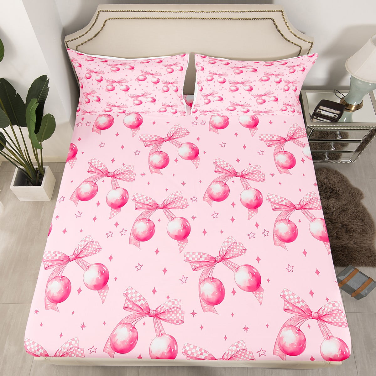Pink Ribbon Bow Full Fitted Sheet,Cute Pink Cherry Fruit Bedding Set ...