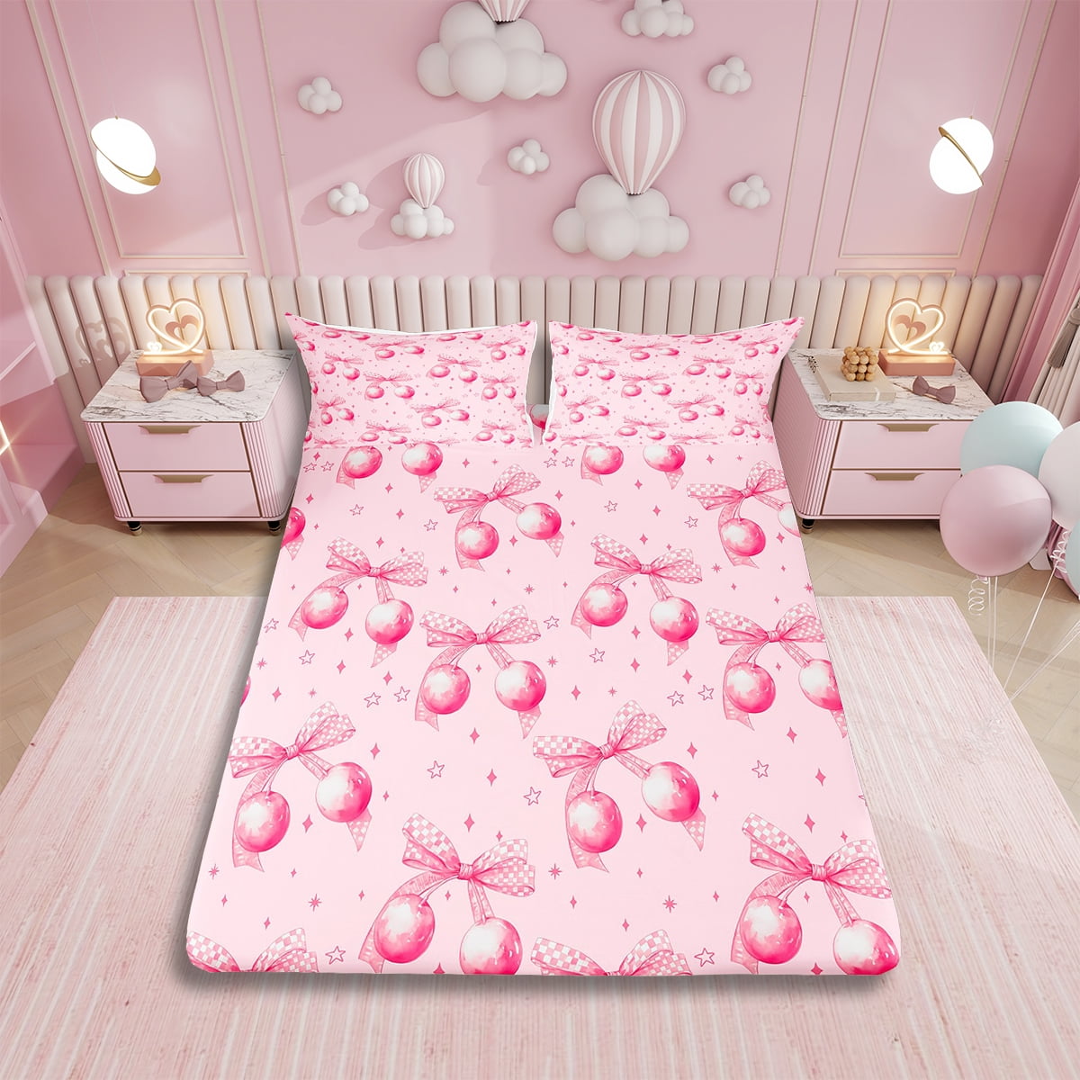 Pink Ribbon Bow King Bed Sheets Set,Cute Pink Cherry Fruit Bedding Set ...