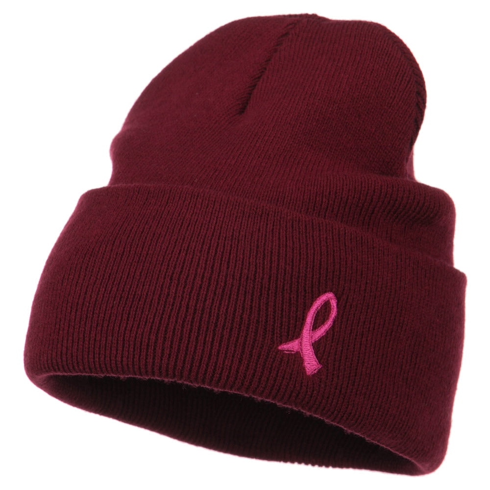 Pink Ribbon Breast Cancer Embroidered Long Beanie - Burgundy OSFM ...
