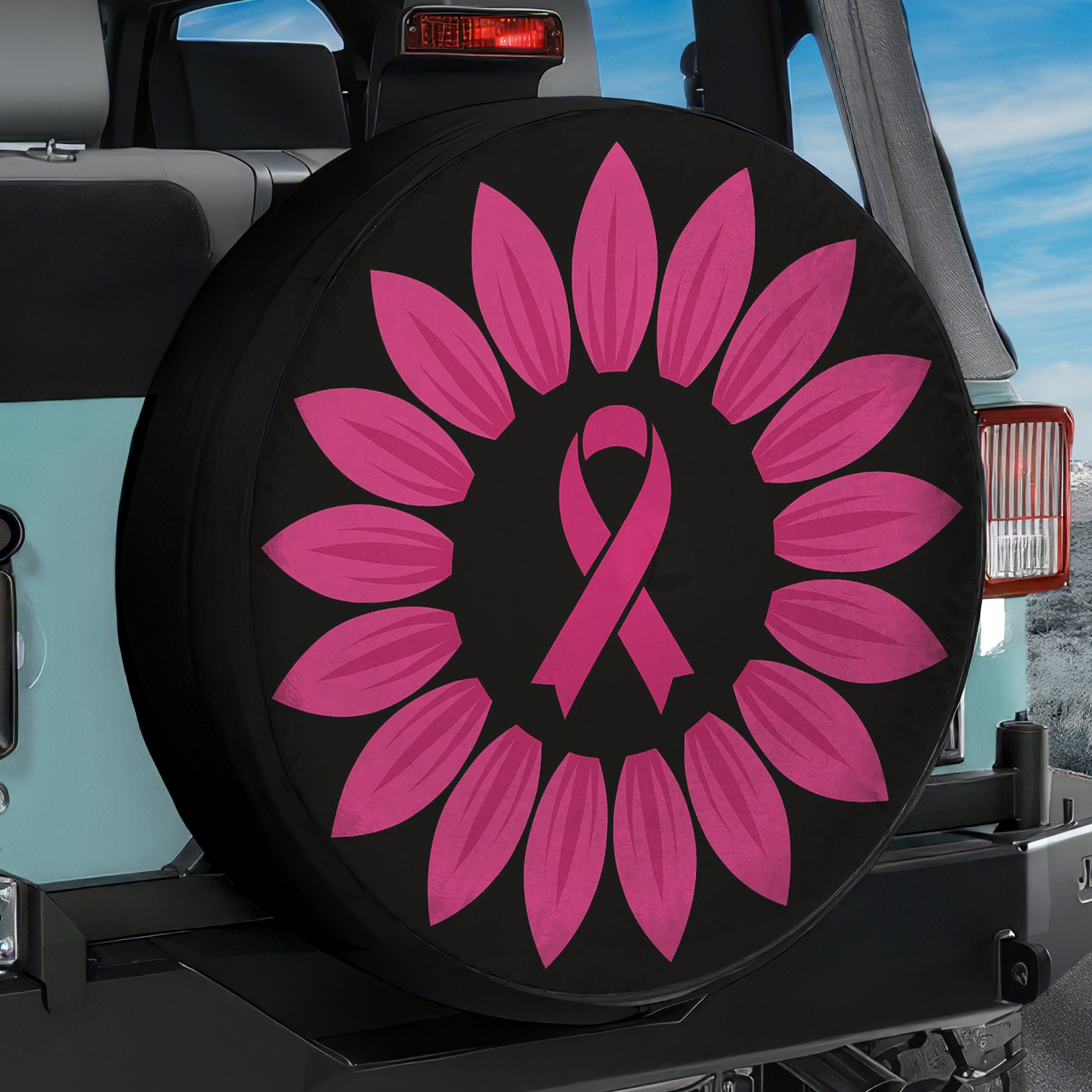 Pink Ribbon Flower Waterproof Fabric Spare Tire Cover, Breast Cancer ...