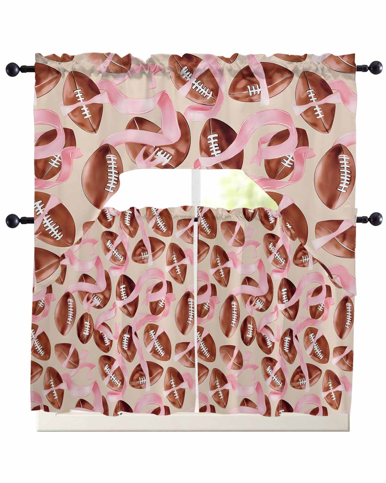 Pink Ribbon Football Kitchen Curtains Sets 24 Inch Length with Valance ...