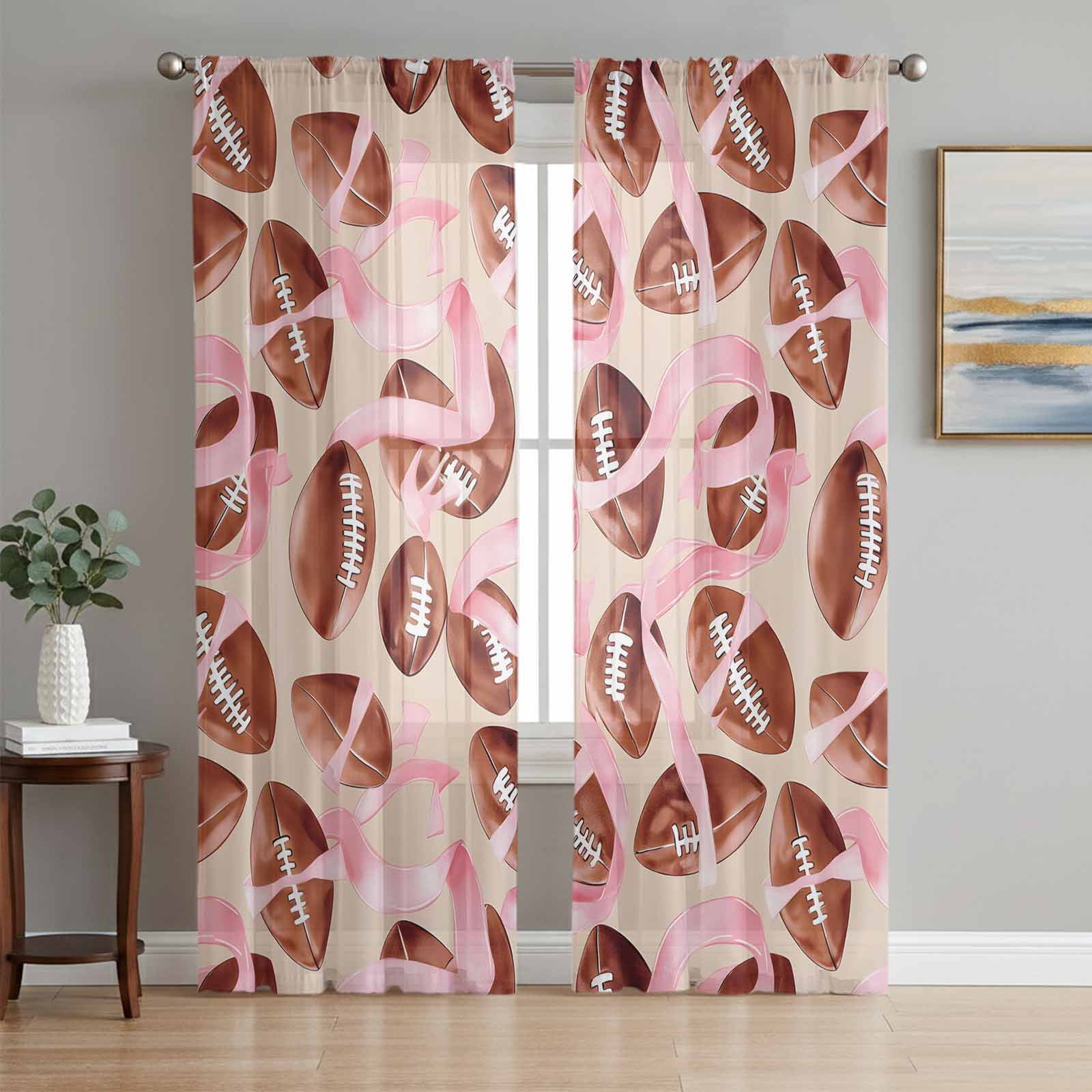 Pink Ribbon Football Sheer Curtains 63 Inch Length 2 Panels Set ...