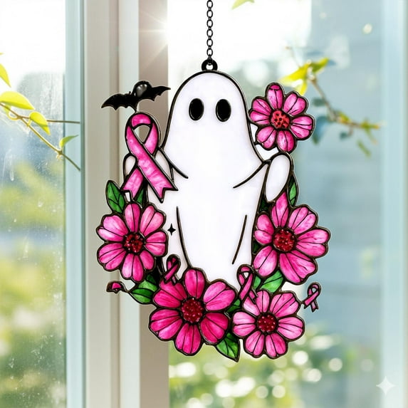 Pink Ribbon Ghost Acrylic Suncatcher, Breast Cancer Awareness Faux ...