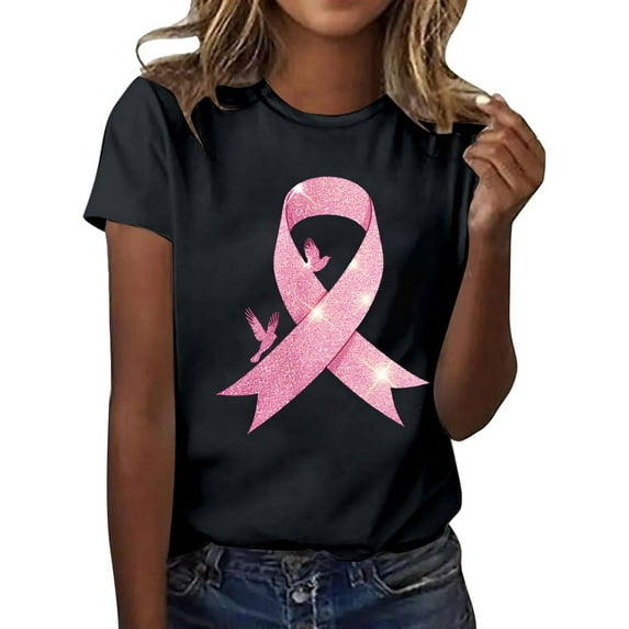 Pink Ribbon Shirts for Women Breast Cancer Awareness Short Sleeve Crew ...