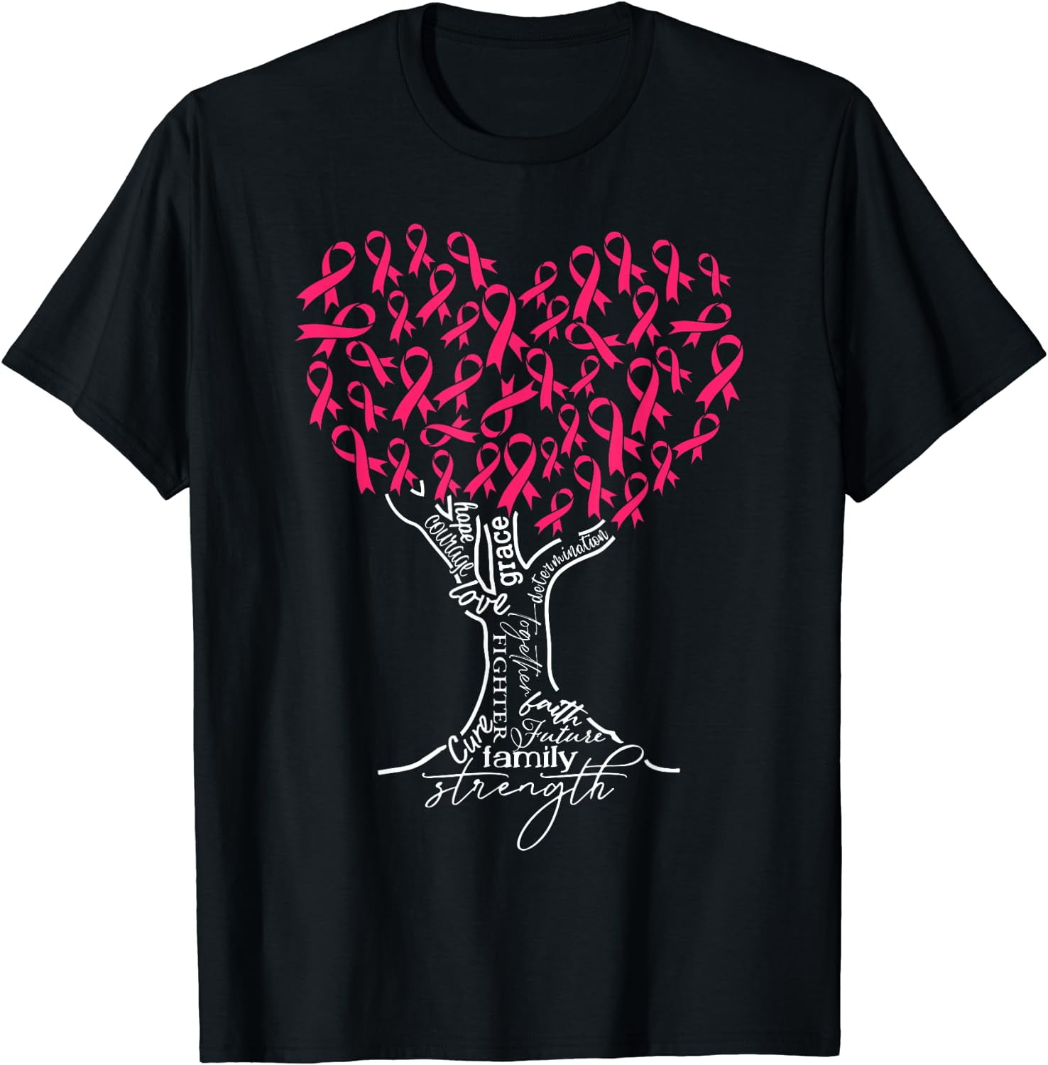 Pink Ribbon Tree Heart Breast Cancer Support Family Women T-Shirt Black ...