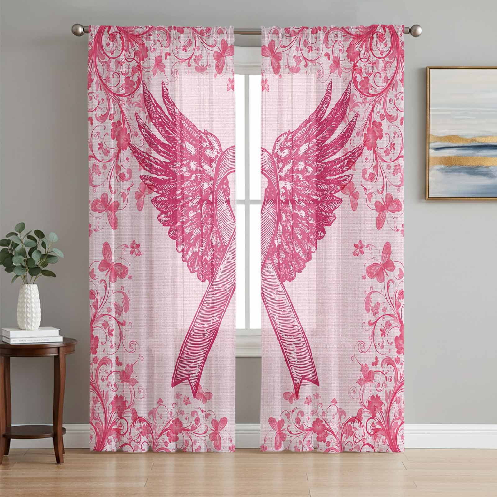 Pink Ribbon Wings Sheer Curtains 72 Inch Length 2 Panels Set, Bows ...