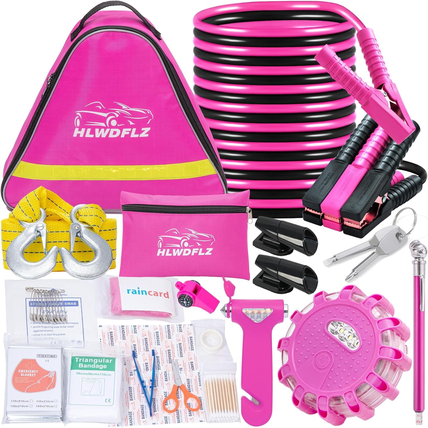 Pink Roadside Assistance Kit with Jumper Cable, Tow Rope, LED Road ...