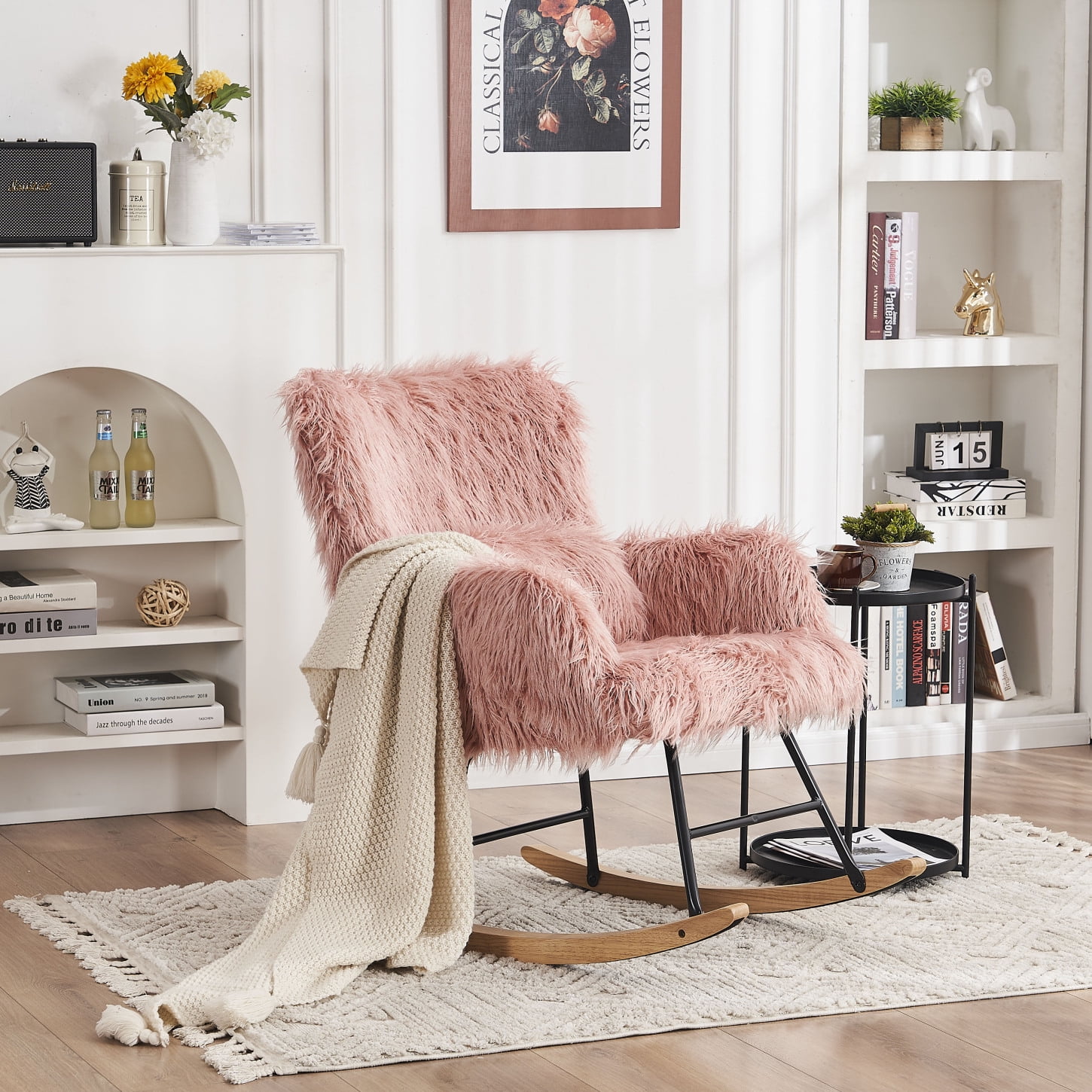 Pink Rocking Chair with Plush Upholstery, Solid Wood Legs and Waist ...