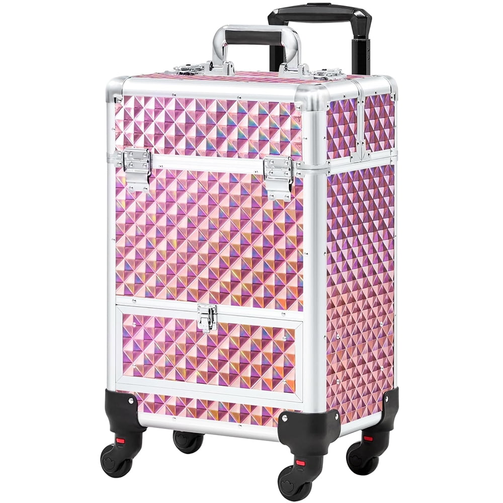 Pink Rolling Makeup Train Case, Aluminum Cosmetic Case with Wheels ...