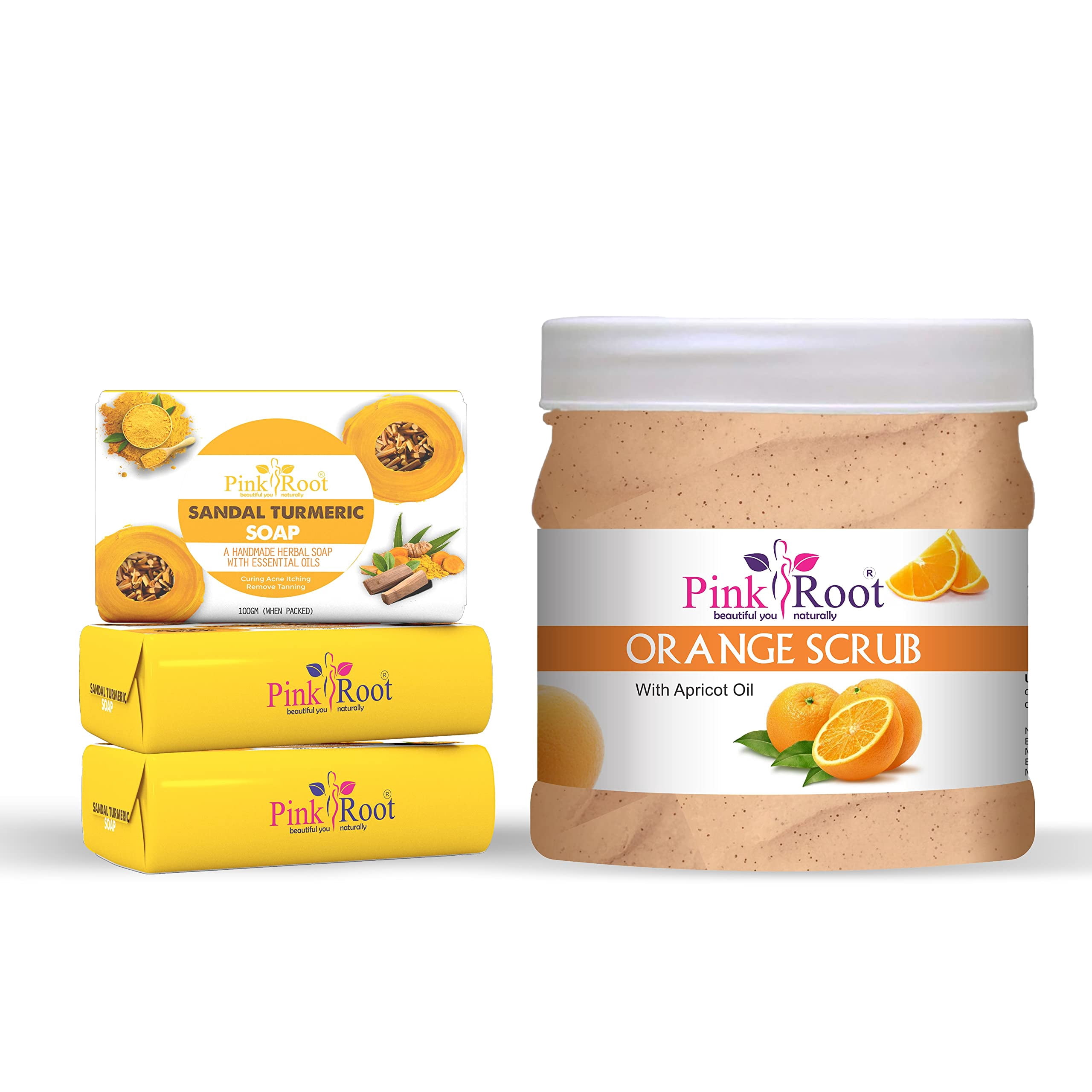 Pink Root Sandal Turmeric Soap 100Gm (Pack Of 3) With Orange Scrub ...