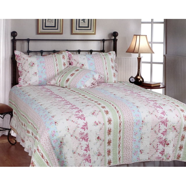 Pink Rosary 100% Cotton 3PC Classic Floral Vermicelli-Quilted Quilt Set ...