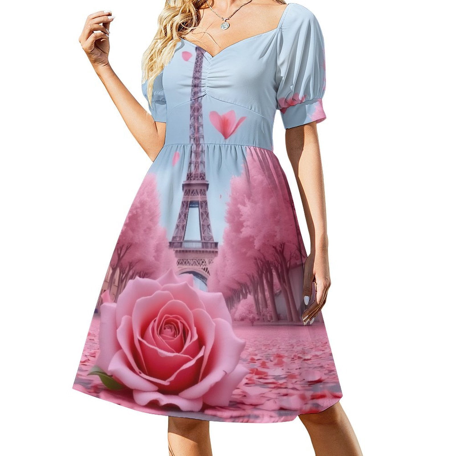 Pink Rose And Eiffel Tower Summer Women's Dress 2025 Elegant Dresses ...