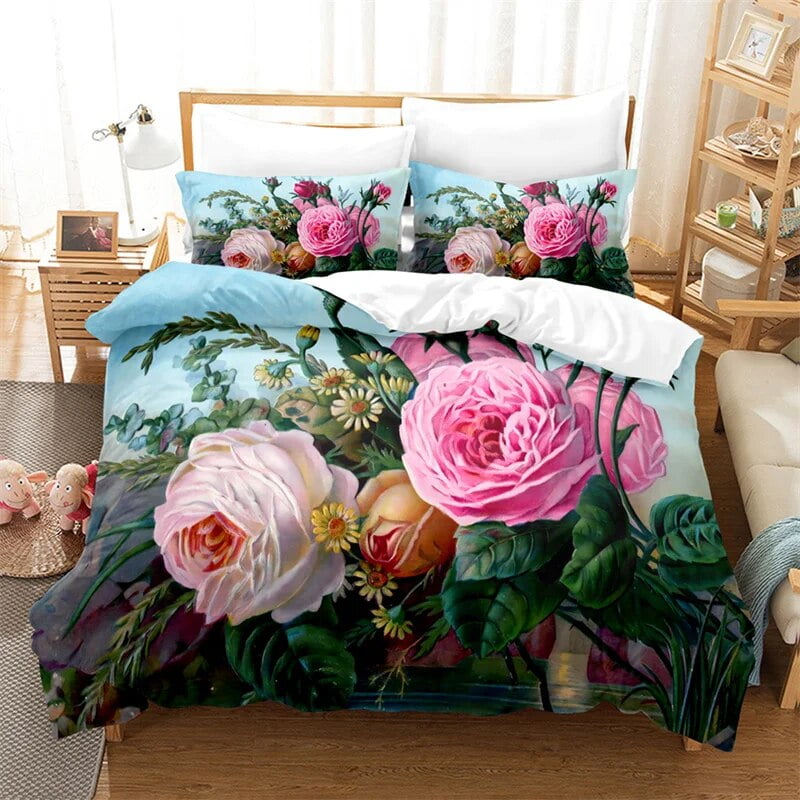 Pink Rose Bedding Set Flower Rose Lovers Duvet Cover Women Girl Duvet