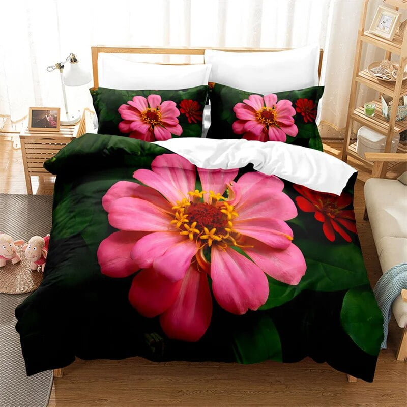 Pink Rose Bedding Set Green Leaf Duvet Cover Set Bedding Digital